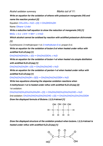 Alcohol oxidation exercise | Teaching Resources