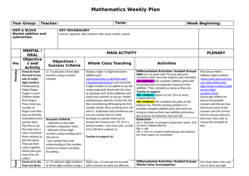 Mental Addition and Subtraction Planning - 1 Week | Teaching Resources