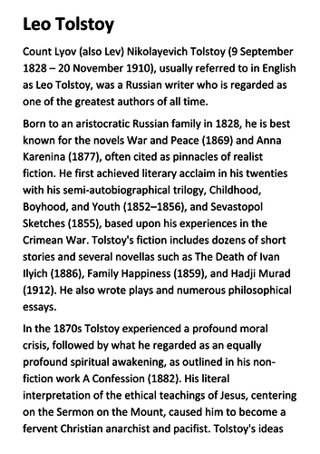 Leo Tolstoy Handout | Teaching Resources