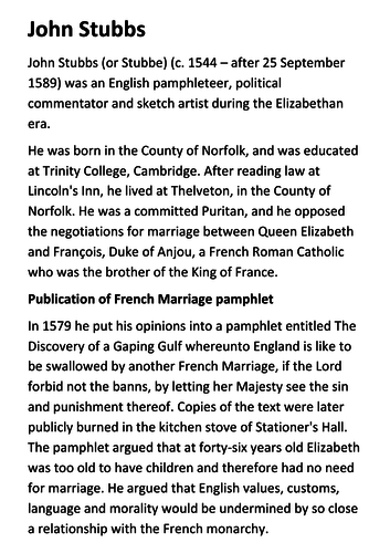 John Stubbs Handout | Teaching Resources