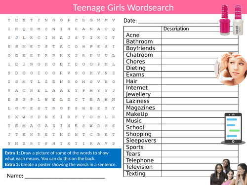 Teenage Girls Wordsearch Sheet Starter Activity Keywords Cover Homework ...