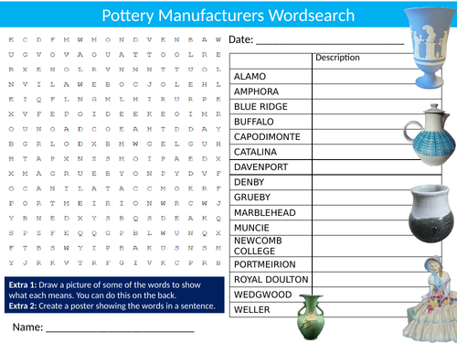 Pottery Manufacturers Wordsearch Sheet Starter Activity Keywords Cover ...