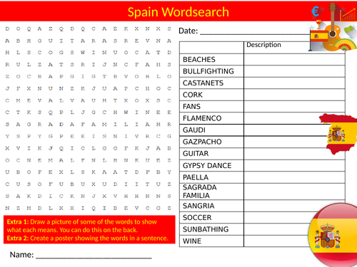 Spain Wordsearch Sheet Starter Activity Keywords Cover Homework ...