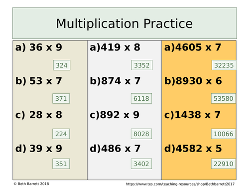 Multiplication Practice - Differentiated with answer - Mutliplying by a ...