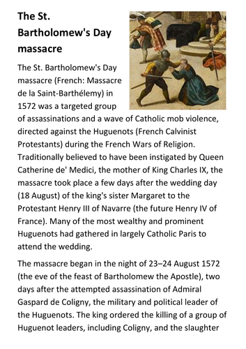 The St. Bartholomew's Day massacre Handout | Teaching Resources