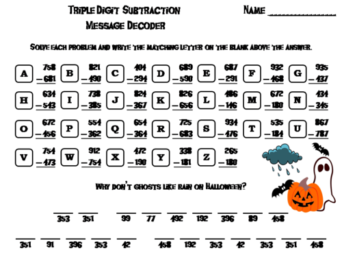 Triple Digit Subtraction With and Without Regrouping Halloween Math ...