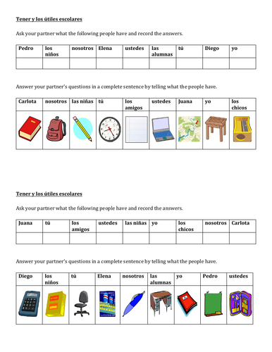 Tener y Utiles escolares (School in Spanish) Partner Speaking Activity ...