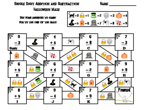 Single Digit Addition and Subtraction Game: Halloween Math Maze ...