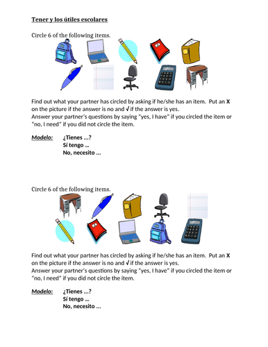 Tener y Utiles escolares (School in Spanish) Partner Speaking Activity ...