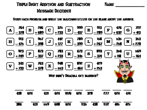 Triple Digit Addition and Subtraction Game: Halloween Math Activity ...