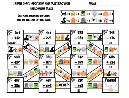 Triple Digit Addition and Subtraction Game: Halloween Math Maze ...