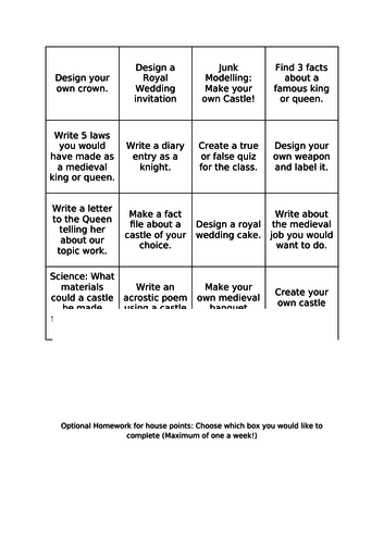 Castle Topic Homework Grid | Teaching Resources Castle Topic Homework Grid | Teaching Resources