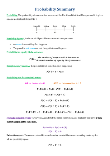 PROBABILITY SUMMARY. | Teaching Resources