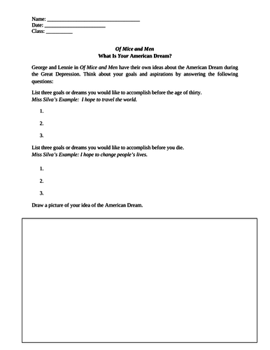 Of Mice and Men American Dream Worksheet | Teaching Resources