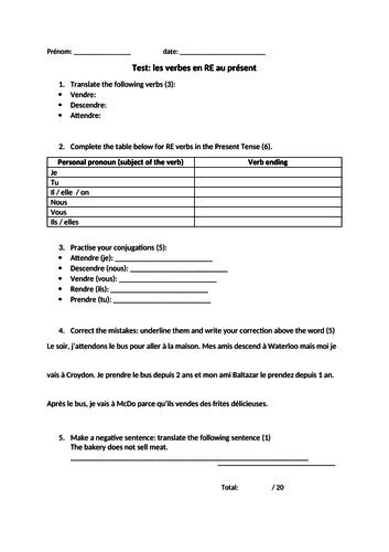 RE verbs in the Present Tense | Teaching Resources