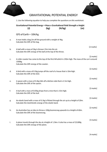 GCSE Physics Gravitational Potential Energy Calculation Worksheet with ...