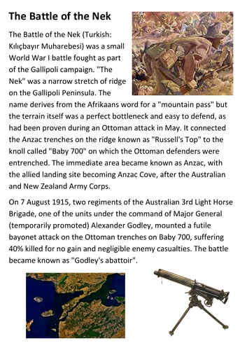 The Battle of the Nek - Gallipoli Handout | Teaching Resources