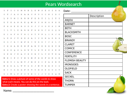 Pears Wordsearch Sheet Starter Activity Keywords Cover Homework Food ...