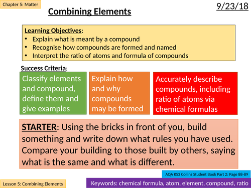 NEW AQA KS3 - Matter - Lesson 5 - Combining Elements | Teaching Resources