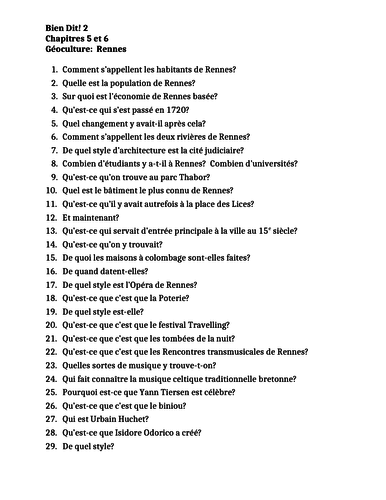 Bien Dit 2 Chapitres 5 et 6 Géoculture Rennes Worksheet | Teaching ...