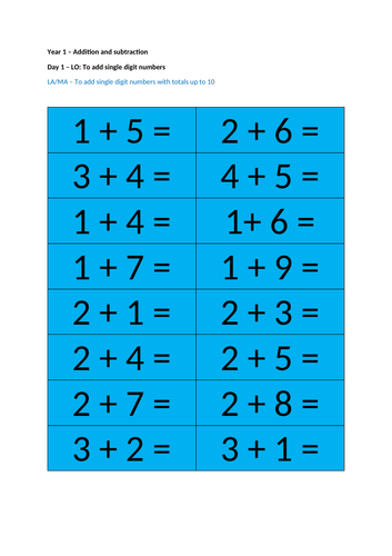 Year 1 - 3 days of differentiated activites - Addition and Subtraction ...
