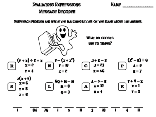 Evaluating Algebraic Expressions Game: Halloween Math Activity Message ...
