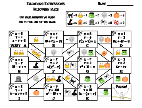 Evaluating Algebraic Expressions Game: Halloween Math Maze | Teaching ...
