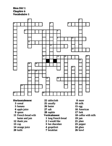 Bien Dit 1 Chapitre 6 Vocabulaire 1 Crossword | Teaching Resources