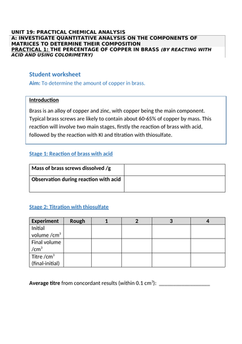 New Unit 19 Applied Science copper content of brass | Teaching Resources