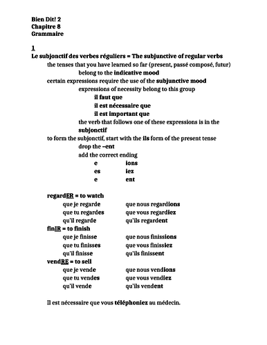 Bien Dit 2 Chapitre 8 Grammaire Study guide | Teaching Resources