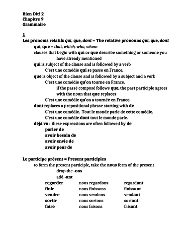 Bien Dit 2 Chapitre 9 Grammaire Study guide | Teaching Resources