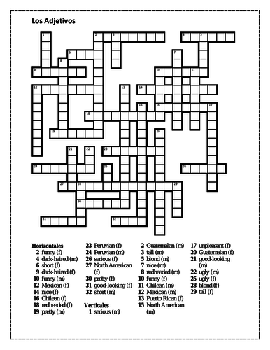 Adjetivos (Spanish Adjectives) Crossword 2 | Teaching Resources