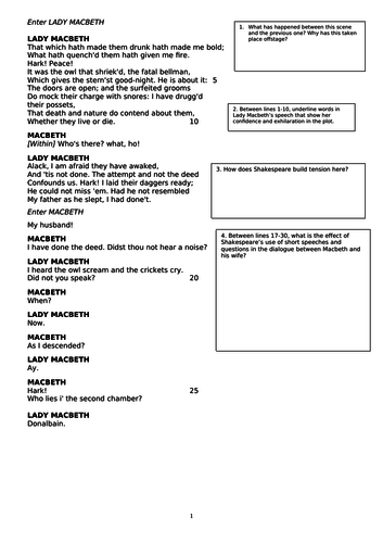 Macbeth- Act 2 Scene 2 Text with questions to allow independent ...