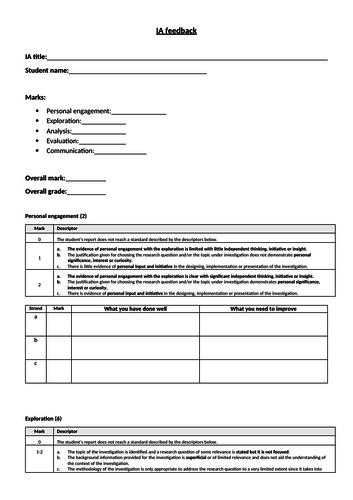 Biology IB Diploma Internal assessment feedback sheet - covering all ...