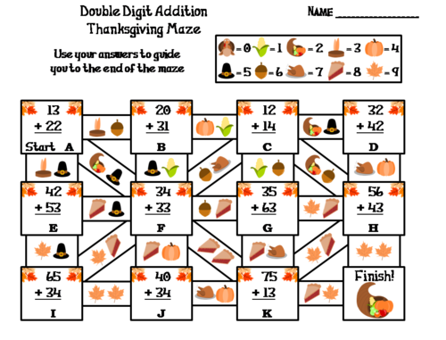Double Digit Addition Without Regrouping Thanksgiving Math Maze ...