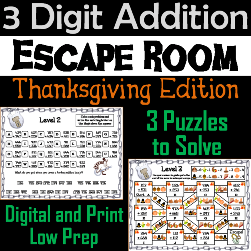 Triple Digit Addition With and Without Regrouping Game: Thanksgiving ...