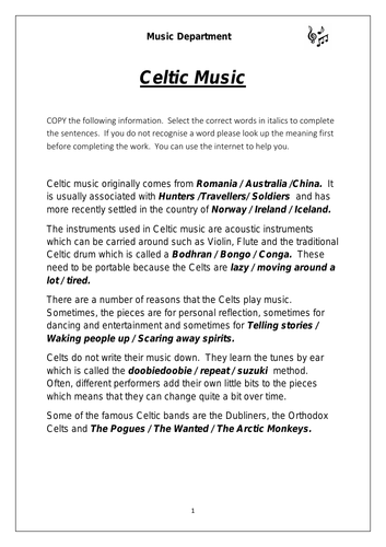 Ks3 Music - Celtic Music worksheet | Teaching Resources