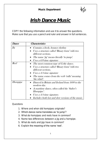 Ks3 Music Cover Resource - Irish Dance Music | Teaching Resources