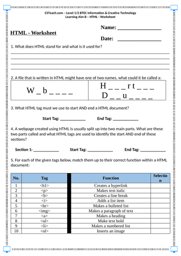 Level 2 BTEC I&CT - U1LAB - HTML - Worksheet | Teaching Resources Level 2 BTEC I&CT - U1LAB - HTML - Worksheet | Teaching Resources