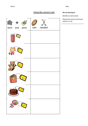 Choosing to pay with the correct £1 or £2 coin - SEN | Teaching Resources