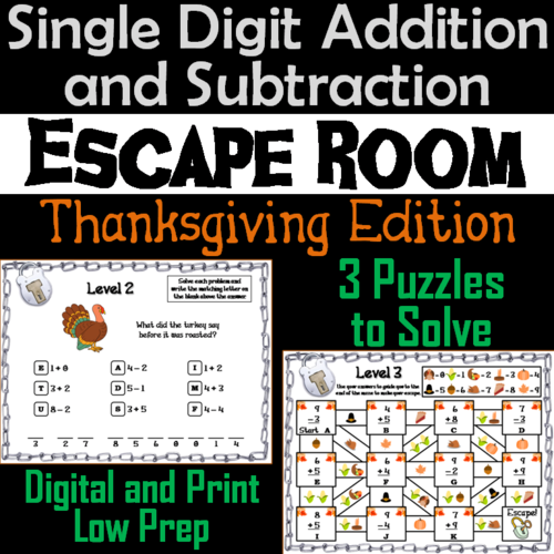 Single Digit Addition and Subtraction Game: Thanksgiving Escape Room ...
