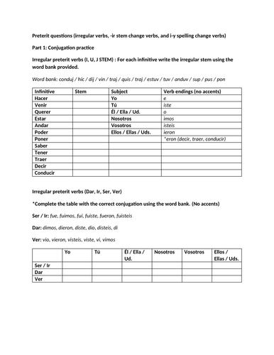 Preterit questions: Irregular, Stem change and I-Y spelling change ...