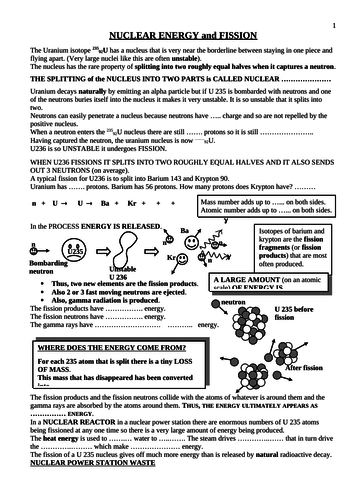 Nuclear Energy and Fission Pupil Notes | Teaching Resources