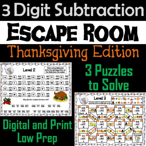Triple Digit Subtraction With and Without Regrouping: Thanksgiving ...