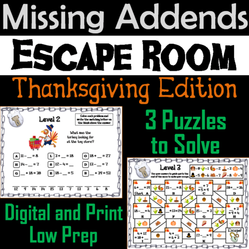 Missing Addends Addition and Subtraction Activity: Thanksgiving Escape ...