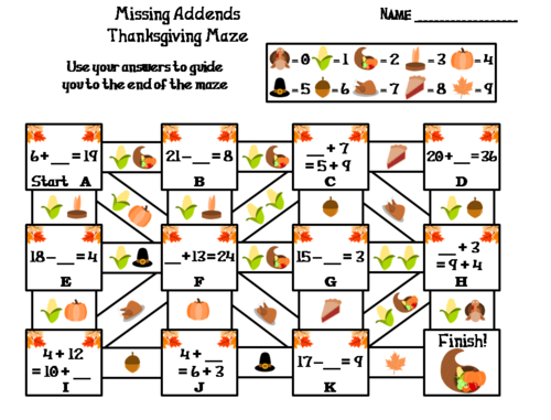 Missing Addends Addition and Subtraction: Thanksgiving Math Maze ...