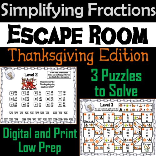 Thanksgiving Escape Room Math: Simplifying Fractions Game; 4th 5th 6th ...
