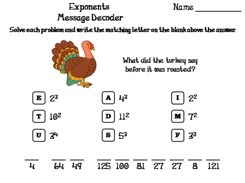Exponents Thanksgiving Math Activity: Message Decoder | Teaching Resources