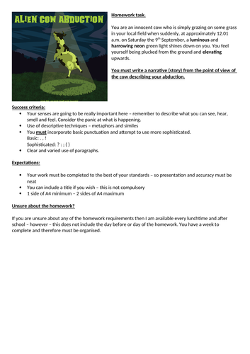 Alien Cow Abduction Homework Task Teaching Resources