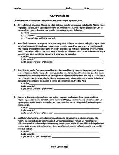 Spanish Fun Worksheet Activity / Sub Plan: "Guess that Movie" "Que ...